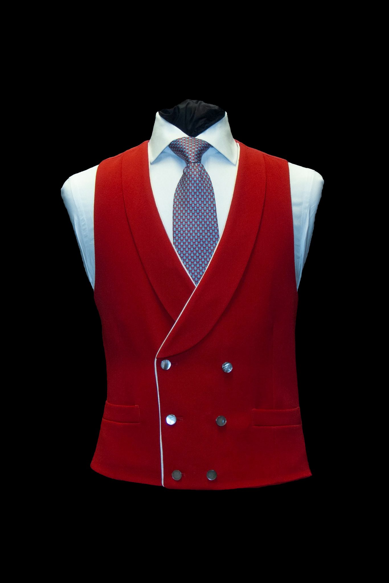 Red wool double-breasted waistcoat with piping and pearl buttons
